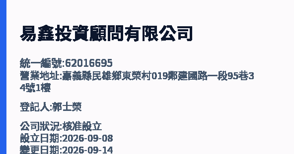 易鑫投資顧問有限公司的照片-統編 62016695(嘉義縣) 公司登記資料與營業項目詳細圖表