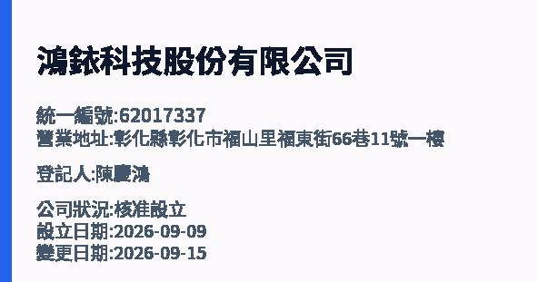 鴻銥科技股份有限公司的照片-統編 62017337(彰化縣) 公司登記資料與營業項目詳細圖表