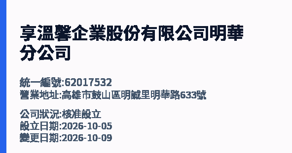 享溫馨企業股份有限公司明華分公司的照片-統編 62017532(高雄市) 公司登記資料與營業項目詳細圖表