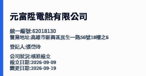 元富陞電熱有限公司的照片-統編 62018130(高雄市) 公司登記資料與營業項目詳細圖表