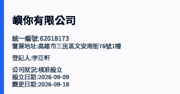 嶼你有限公司的照片-統編 62018173(高雄市) 公司登記資料與營業項目詳細圖表