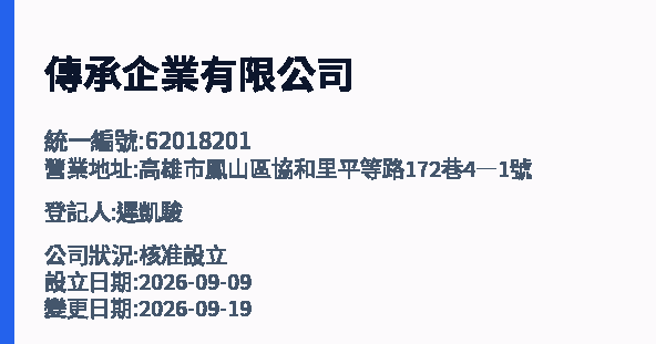 傳承企業有限公司的照片-統編 62018201(高雄市) 公司登記資料與營業項目詳細圖表