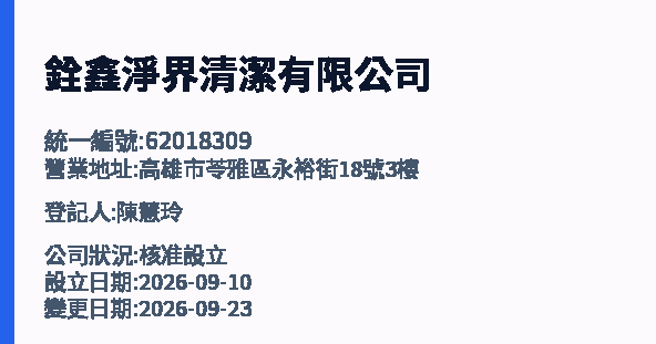 銓鑫淨界清潔有限公司的照片-統編 62018309(高雄市) 公司登記資料與營業項目詳細圖表
