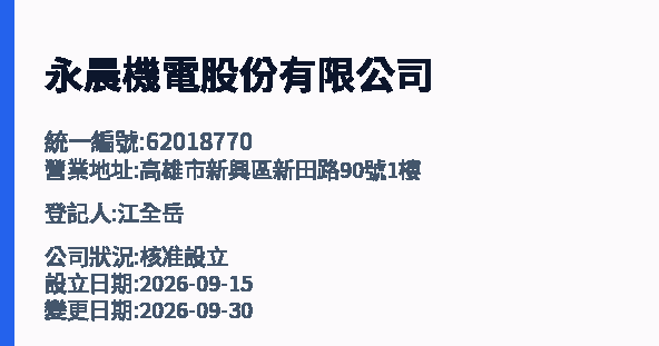 永晨機電股份有限公司的照片-統編 62018770(高雄市) 公司登記資料與營業項目詳細圖表