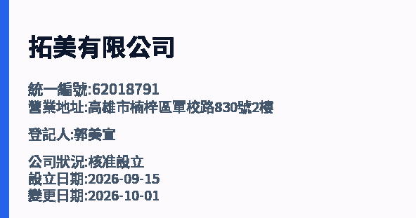 拓美有限公司的照片-統編 62018791(高雄市) 公司登記資料與營業項目詳細圖表
