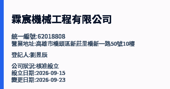 霖宸機械工程有限公司的照片-統編 62018808(高雄市) 公司登記資料與營業項目詳細圖表