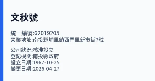 文秋號的照片-統編 62019205(南投縣) 公司登記資料與營業項目詳細圖表