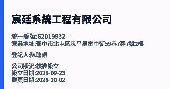 宸廷系統工程有限公司的照片-統編 62019932(臺中市) 公司登記資料與營業項目詳細圖表