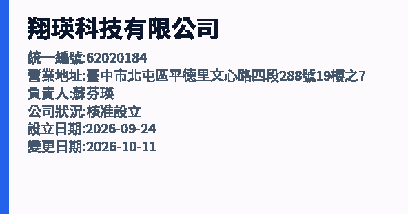 翔瑛科技有限公司的照片-統編 62020184(臺中市) 公司登記資料與營業項目詳細圖表