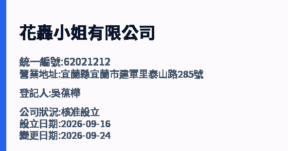 花轟小姐有限公司的照片-統編 62021212(宜蘭縣) 公司登記資料與營業項目詳細圖表