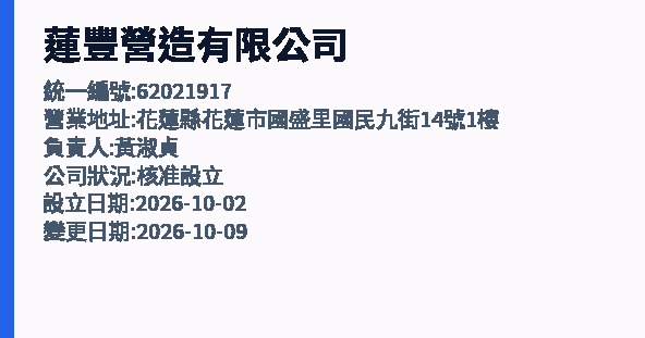 蓮豐營造有限公司的照片-統編 62021917(花蓮縣) 公司登記資料與營業項目詳細圖表