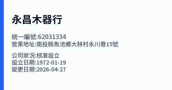 永昌木器行的照片-統編 62031334(南投縣) 公司登記資料與營業項目詳細圖表