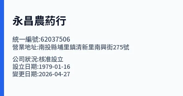 永昌農葯行的照片-統編 62037506(南投縣) 公司登記資料與營業項目詳細圖表