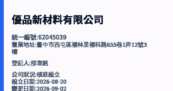 優品新材料有限公司的照片-統編 62045039(臺中市) 公司登記資料與營業項目詳細圖表