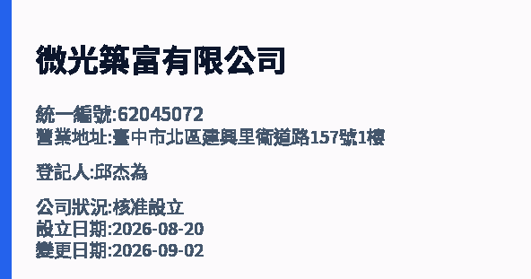 微光築富有限公司的照片-統編 62045072(臺中市) 公司登記資料與營業項目詳細圖表
