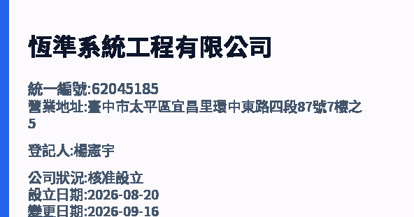 恆準系統工程有限公司的照片-統編 62045185(臺中市) 公司登記資料與營業項目詳細圖表