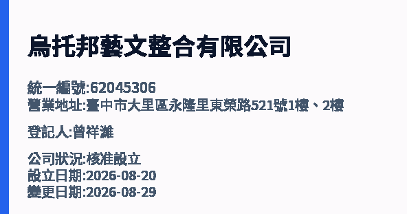 烏托邦藝文整合有限公司的照片-統編 62045306(臺中市) 公司登記資料與營業項目詳細圖表