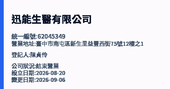 迅能生醫有限公司的照片-統編 62045349(臺中市) 公司登記資料與營業項目詳細圖表