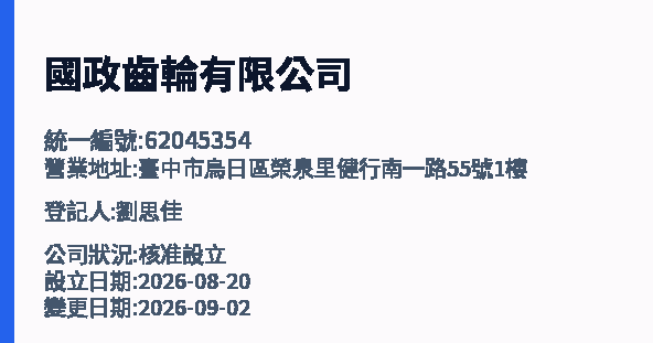 國政齒輪有限公司的照片-統編 62045354(臺中市) 公司登記資料與營業項目詳細圖表