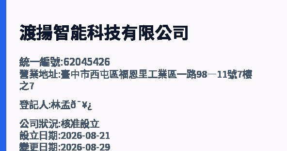 渡揚智能科技有限公司的照片-統編 62045426(臺中市) 公司登記資料與營業項目詳細圖表