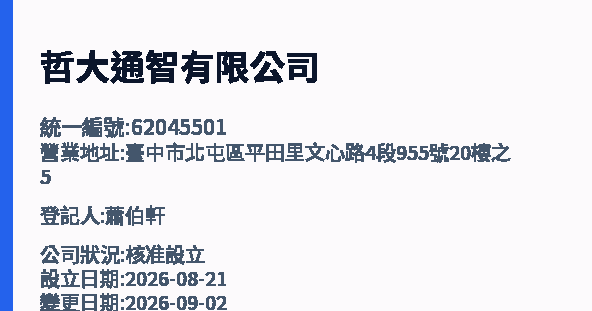哲大通智有限公司的照片-統編 62045501(臺中市) 公司登記資料與營業項目詳細圖表