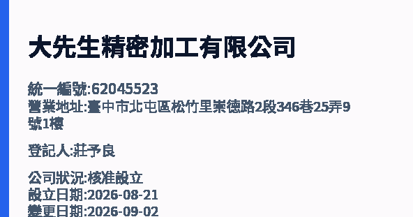 大先生精密加工有限公司的照片-統編 62045523(臺中市) 公司登記資料與營業項目詳細圖表