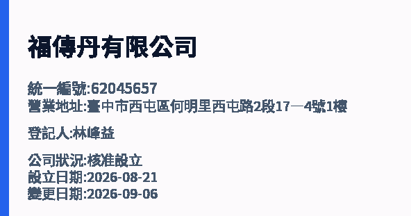 福傳丹有限公司的照片-統編 62045657(臺中市) 公司登記資料與營業項目詳細圖表