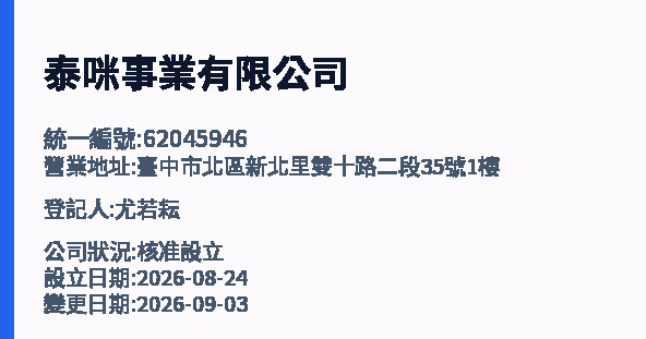 泰咪事業有限公司的照片-統編 62045946(臺中市) 公司登記資料與營業項目詳細圖表