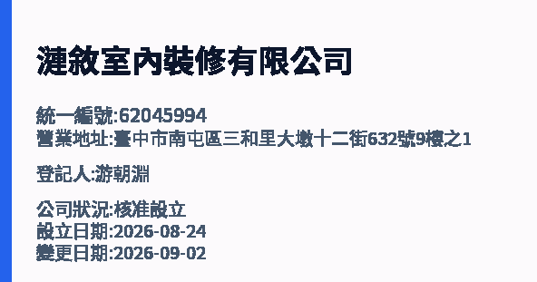 漣敘室內裝修有限公司的照片-統編 62045994(臺中市) 公司登記資料與營業項目詳細圖表