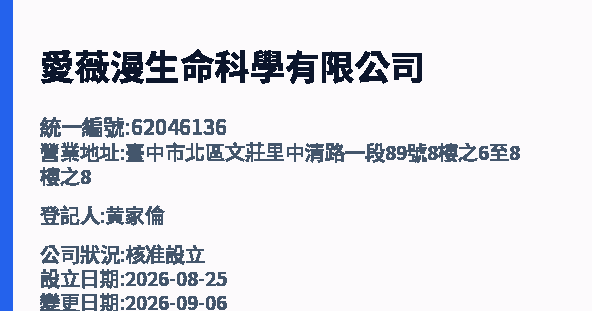 愛薇漫生命科學有限公司的照片-統編 62046136(臺中市) 公司登記資料與營業項目詳細圖表