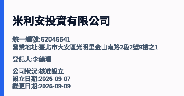 米利安投資有限公司的照片-統編 62046641(臺北市) 公司登記資料與營業項目詳細圖表