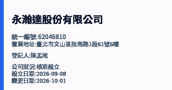 永瀚達股份有限公司的照片-統編 62046810(臺北市) 公司登記資料與營業項目詳細圖表