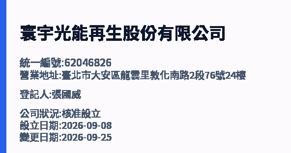 寰宇光能再生股份有限公司的照片-統編 62046826(臺北市) 公司登記資料與營業項目詳細圖表