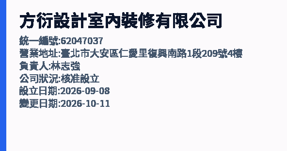 方衍設計室內裝修有限公司的照片-統編 62047037(臺北市) 公司登記資料與營業項目詳細圖表
