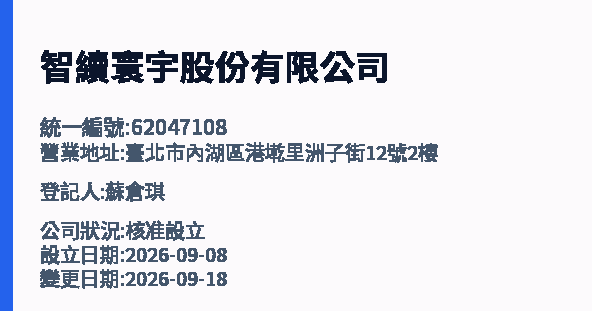 智續寰宇股份有限公司的照片-統編 62047108(臺北市) 公司登記資料與營業項目詳細圖表