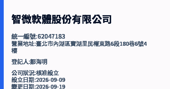 智微軟體股份有限公司的照片-統編 62047183(臺北市) 公司登記資料與營業項目詳細圖表