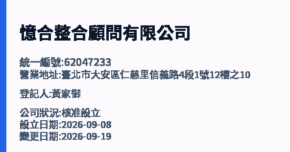 憶合整合顧問有限公司的照片-統編 62047233(臺北市) 公司登記資料與營業項目詳細圖表