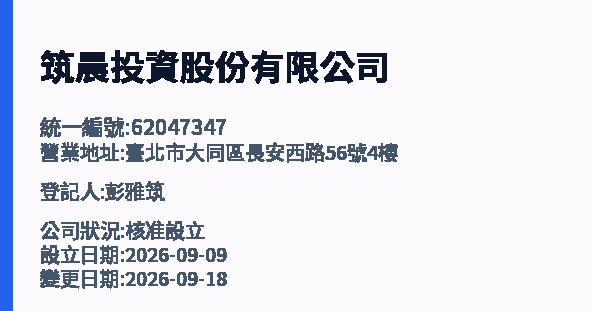 筑晨投資股份有限公司的照片-統編 62047347(臺北市) 公司登記資料與營業項目詳細圖表