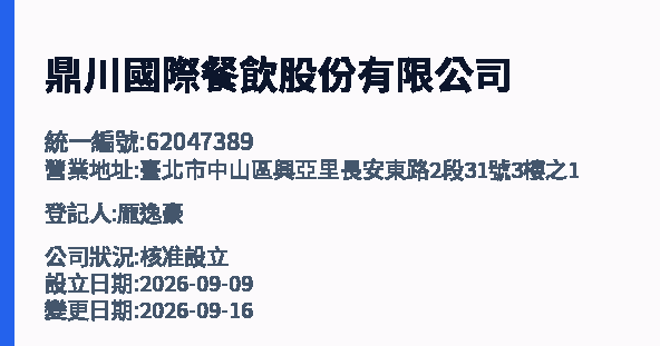 鼎川國際餐飲股份有限公司的照片-統編 62047389(臺北市) 公司登記資料與營業項目詳細圖表