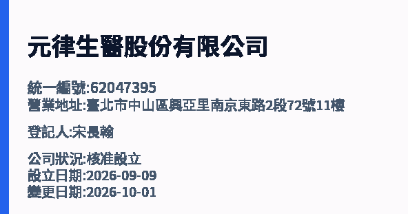 元律生醫股份有限公司的照片-統編 62047395(臺北市) 公司登記資料與營業項目詳細圖表