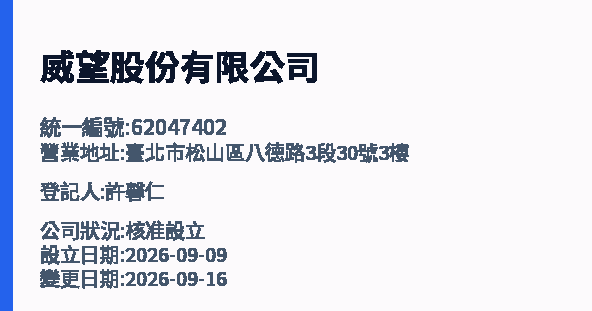 威望股份有限公司的照片-統編 62047402(臺北市) 公司登記資料與營業項目詳細圖表
