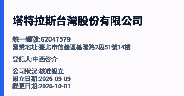 塔特拉斯台灣股份有限公司的照片-統編 62047579(臺北市) 公司登記資料與營業項目詳細圖表