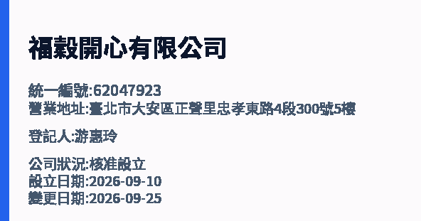 福穀開心有限公司的照片-統編 62047923(臺北市) 公司登記資料與營業項目詳細圖表