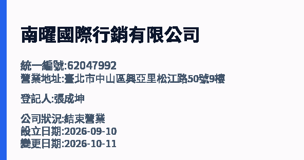 南曜國際行銷有限公司的照片-統編 62047992(臺北市) 公司登記資料與營業項目詳細圖表