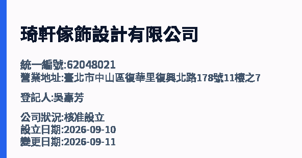 琦軒傢飾設計有限公司的照片-統編 62048021(臺北市) 公司登記資料與營業項目詳細圖表