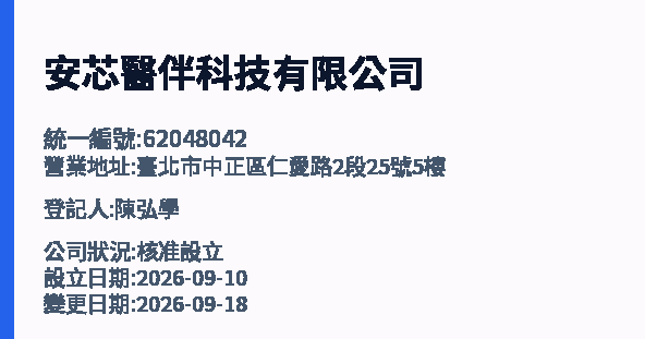 安芯醫伴科技有限公司的照片-統編 62048042(臺北市) 公司登記資料與營業項目詳細圖表