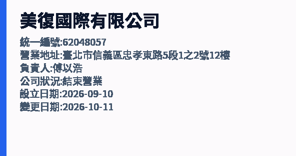 美復國際有限公司的照片-統編 62048057(臺北市) 公司登記資料與營業項目詳細圖表