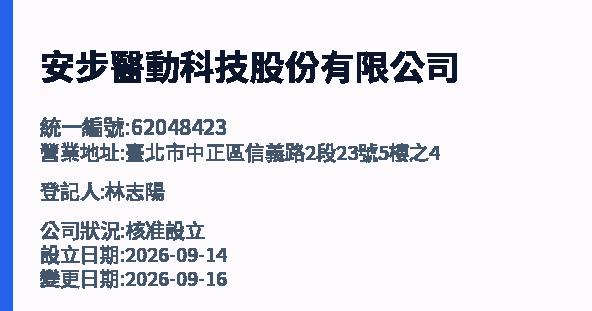 安步醫動科技股份有限公司的照片-統編 62048423(臺北市) 公司登記資料與營業項目詳細圖表