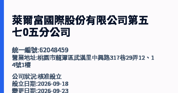 萊爾富國際股份有限公司第五七0五分公司的照片-統編 62048459(桃園市) 公司登記資料與營業項目詳細圖表