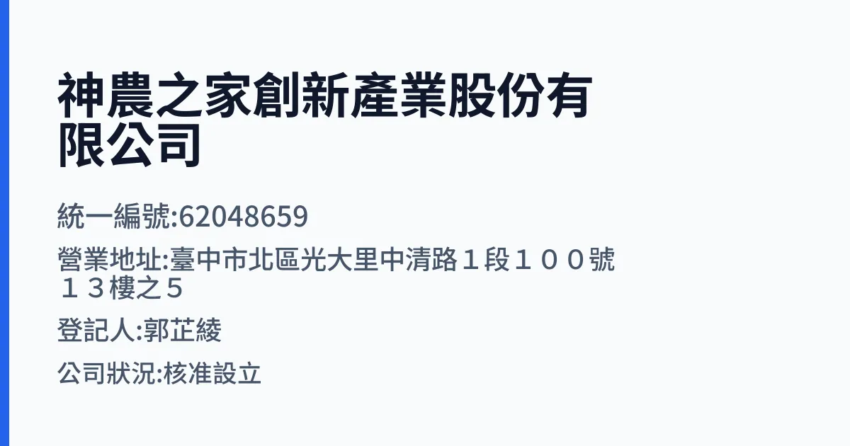 神農之家創新產業股份有限公司 - 統編 62048659(臺中市) 公司登記資料與營業項目詳細圖表